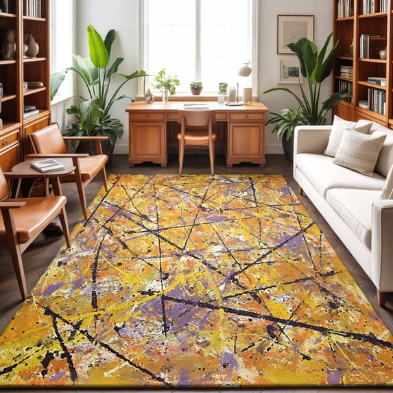 Abstract Artistic Washable Area Rug 8 x 10 ft Yellow Ink Splashes Black ...