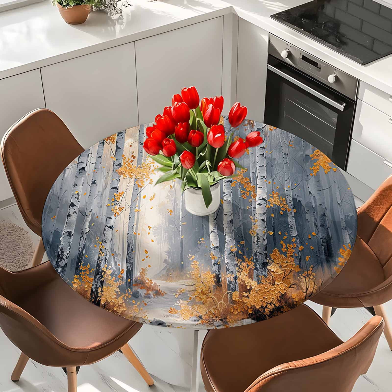 Abstract Autumn Forest Natural Scene Round Fitted Tablecloth with ...
