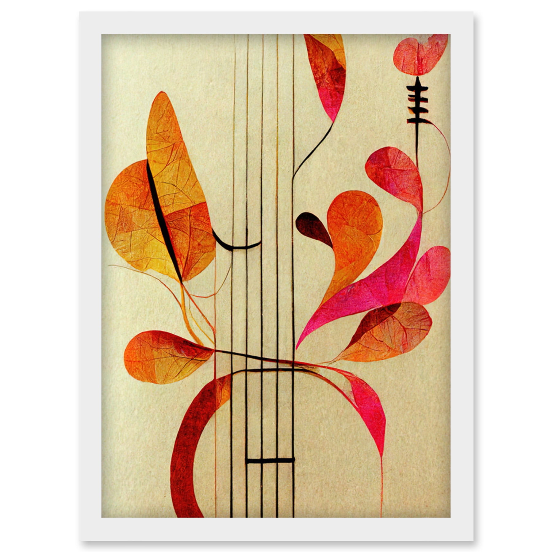 Abstract Autumnal Boho Leaves and Musical Music Staff Lines Cream Pink ...
