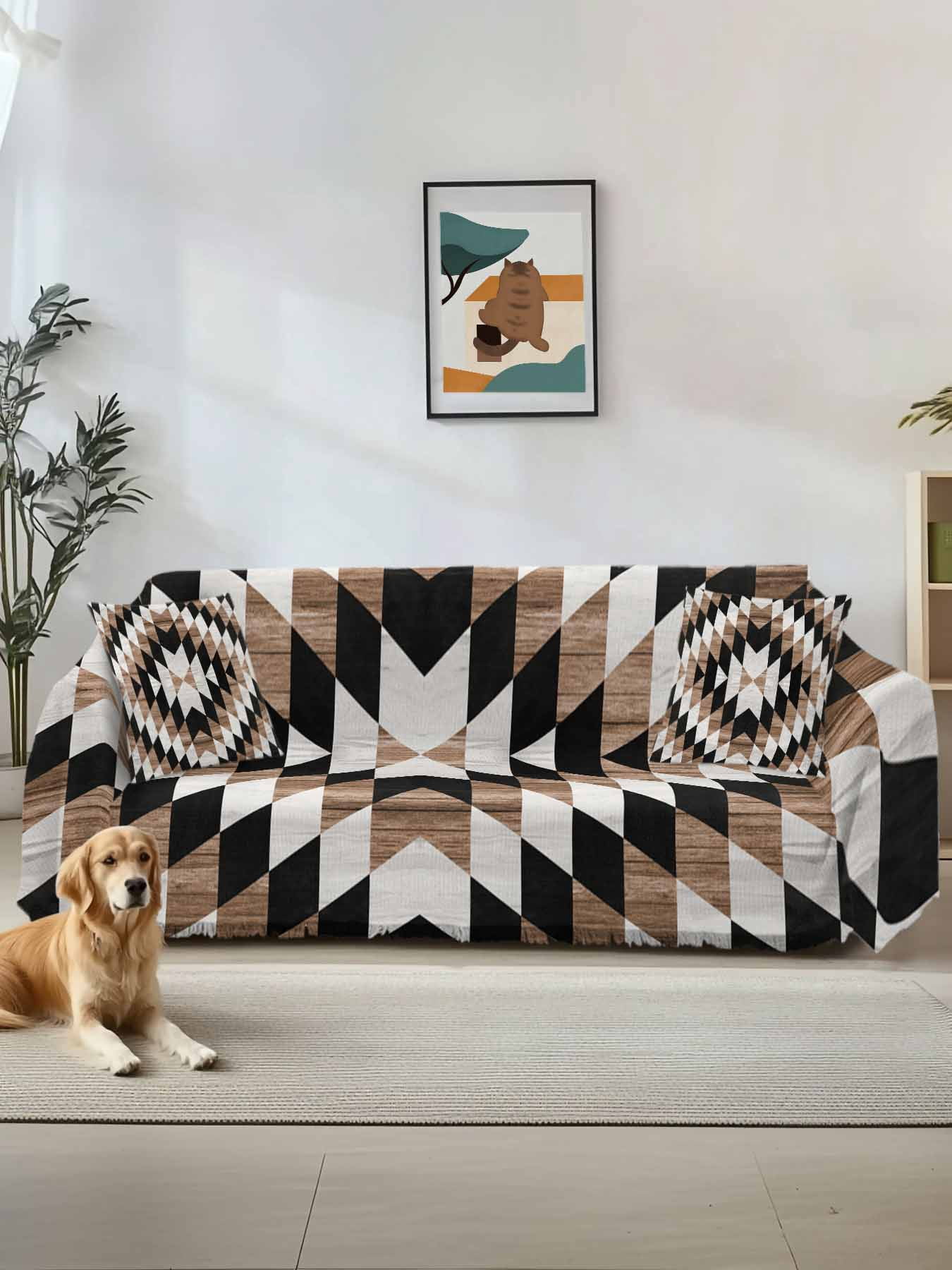 Abstract Aztec Couch Cover for 2 Cushion Couch, Brown Geometric ...