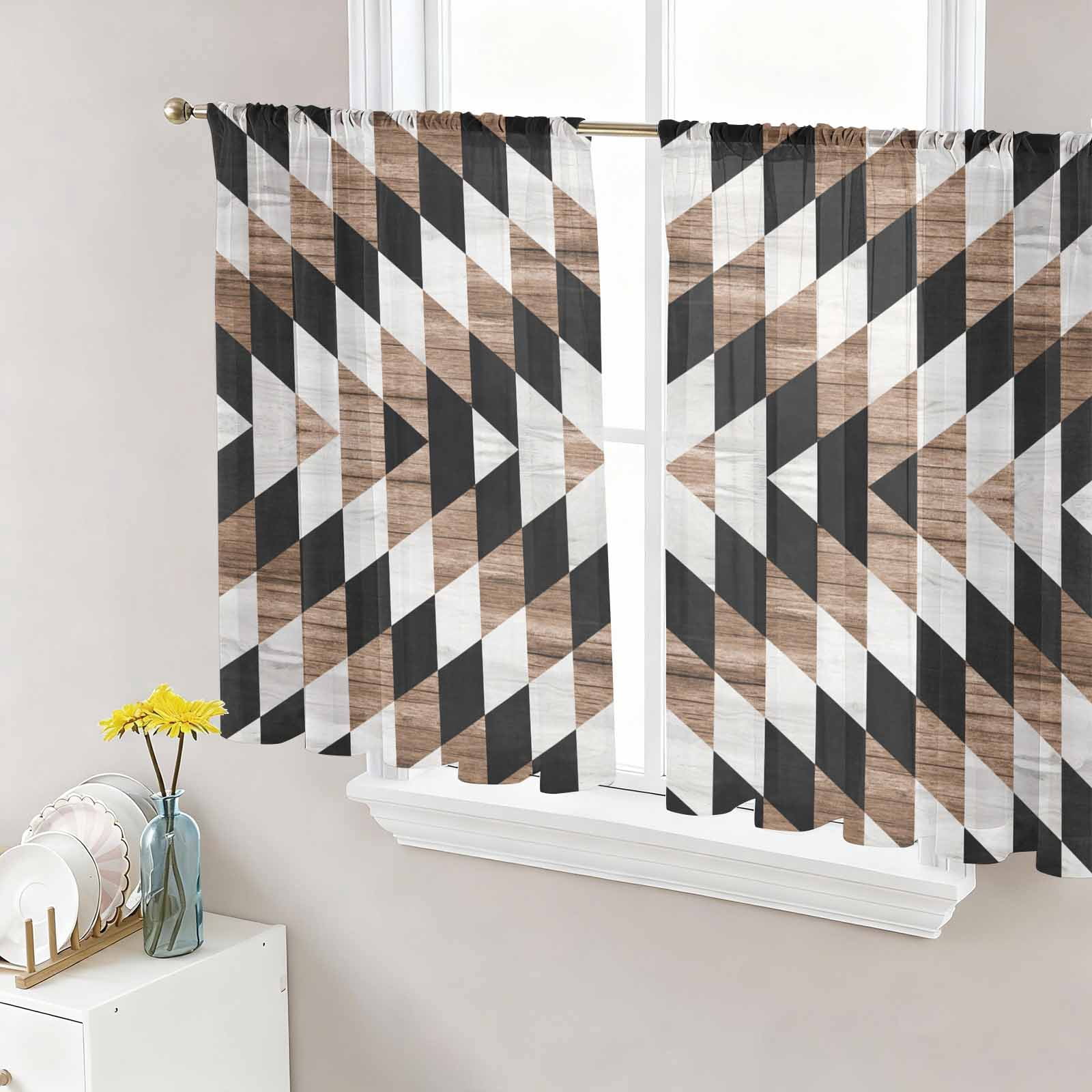 Abstract Aztec Semi Sheer Window Curtains 45 Inches Long, Brown ...