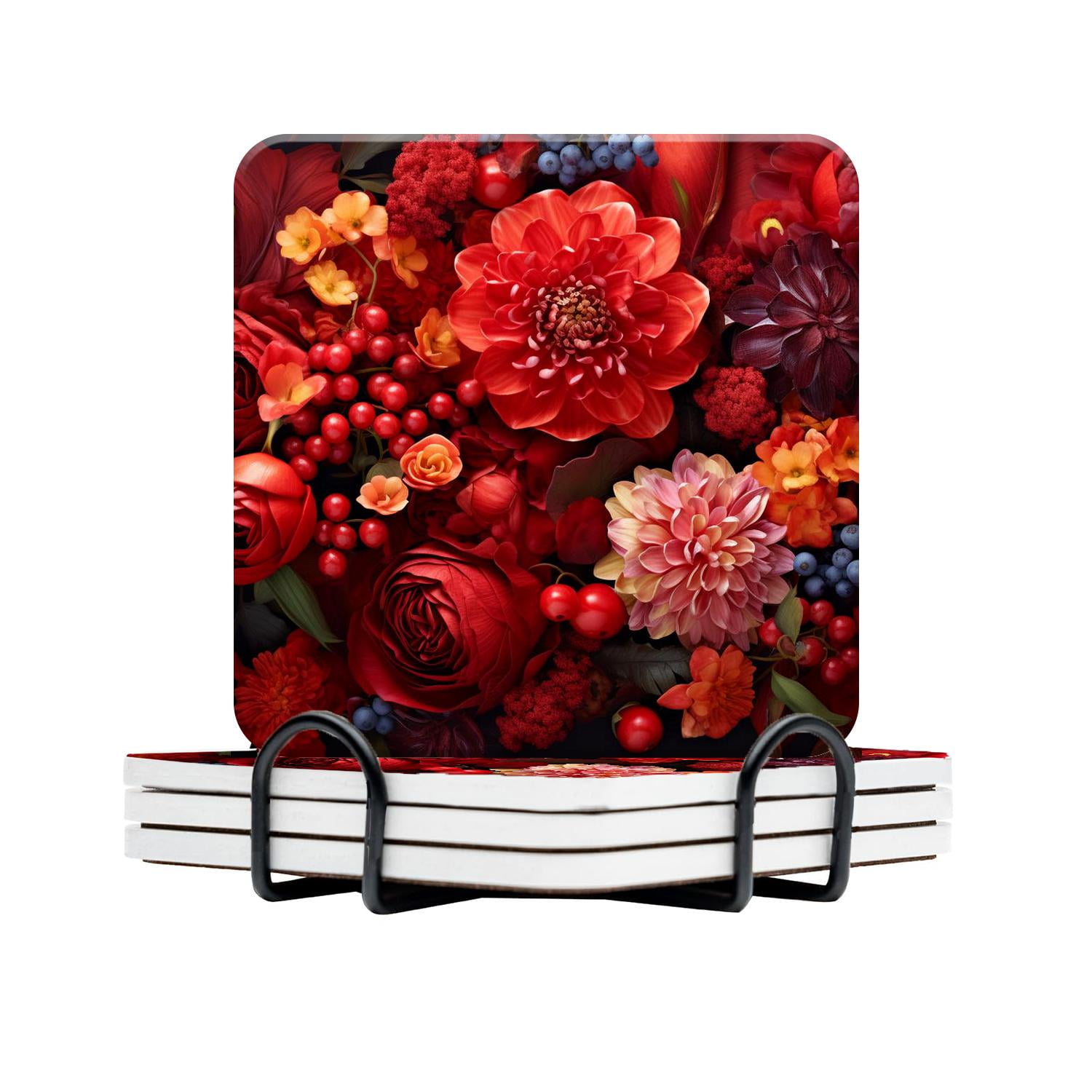 Abstract Background of Flowers Art Drink Coasters with Holder,Non-Slip ...