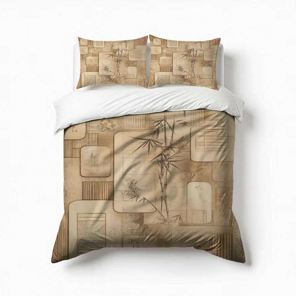 Abstract Bamboo Sepia Collage Bedding Set 3 Pcs Soft Microfiber Quilt ...
