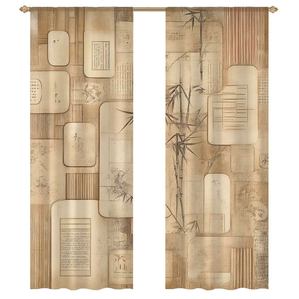 Abstract Bamboo Sepia Collage Sheer Window Curtains for Living Room ...