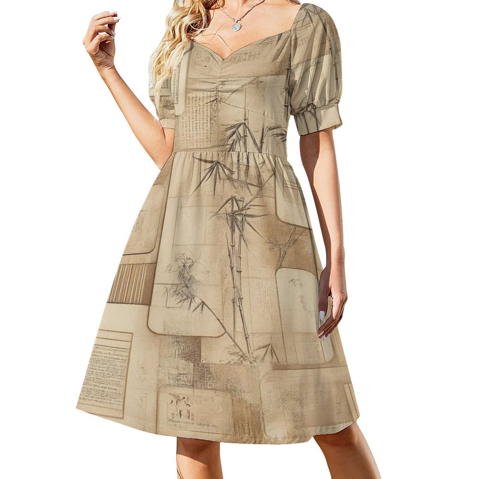 Abstract Bamboo Sepia Collage Short Sleeve Dress Clothes Women's Summer ...