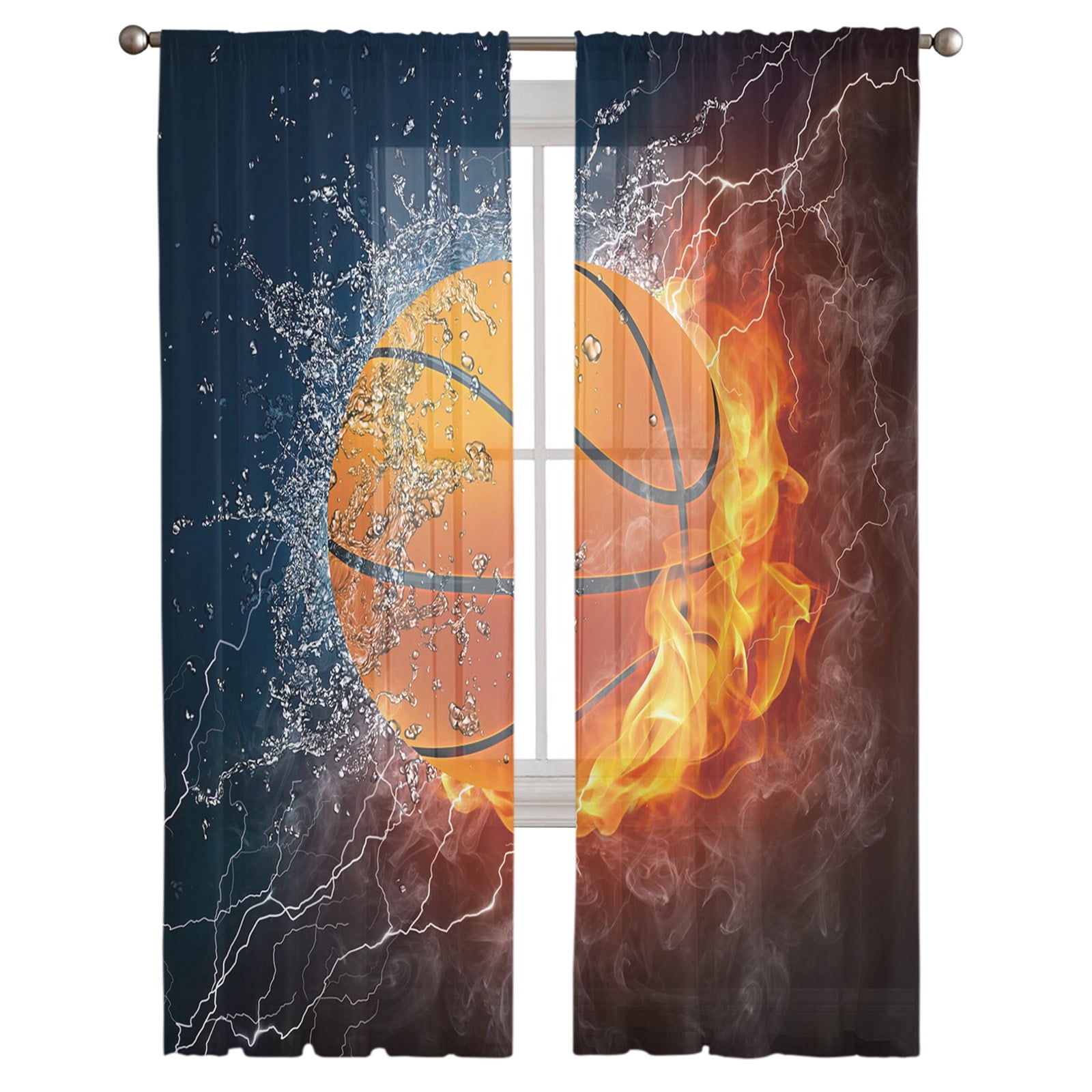 Abstract Basketball Lightning Water Fire Sheer Curtains for Living Room ...