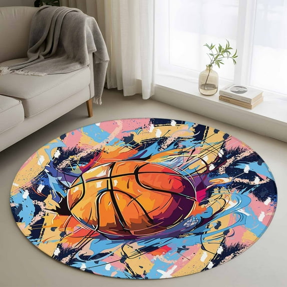 Abstract Basketball, Round Area Rug 4 FT, Non Slip Indoor Outdoor Rug ...