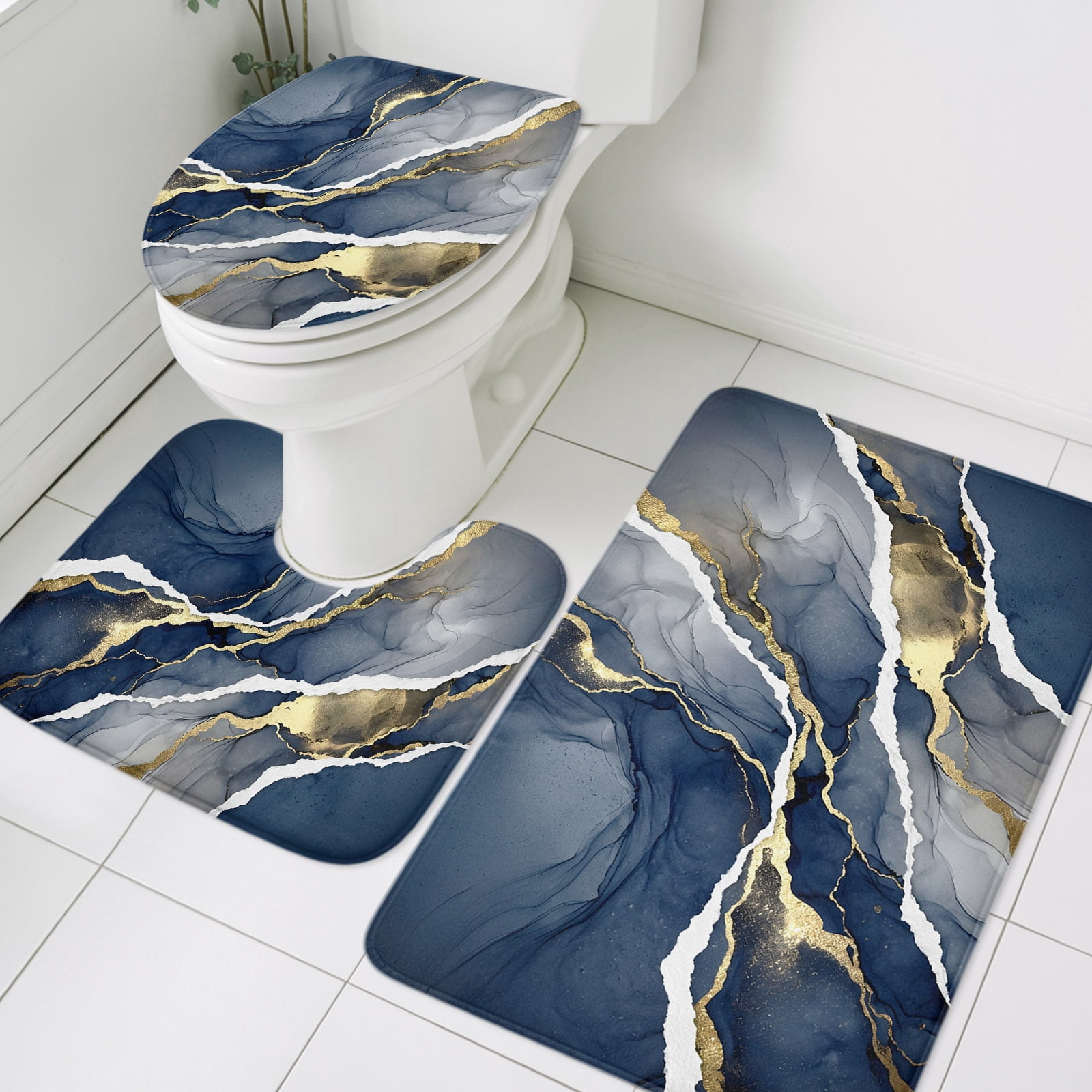 Abstract Bathroom Rugs Set Blue Ink Gold Foiling Ocean Waves Luxury Non ...
