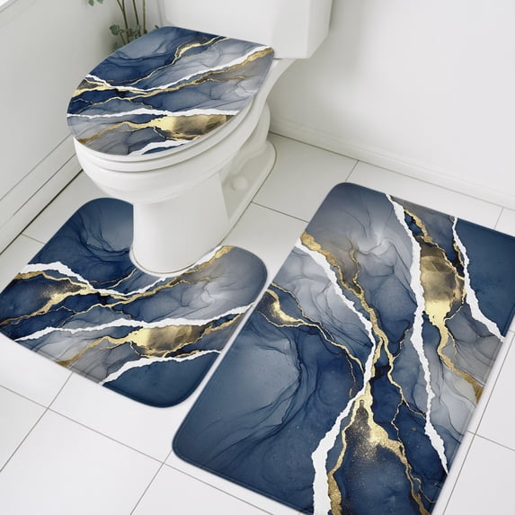 Abstract Bathroom Rugs Set Blue Ink Gold Foiling Ocean Waves Luxury Non ...