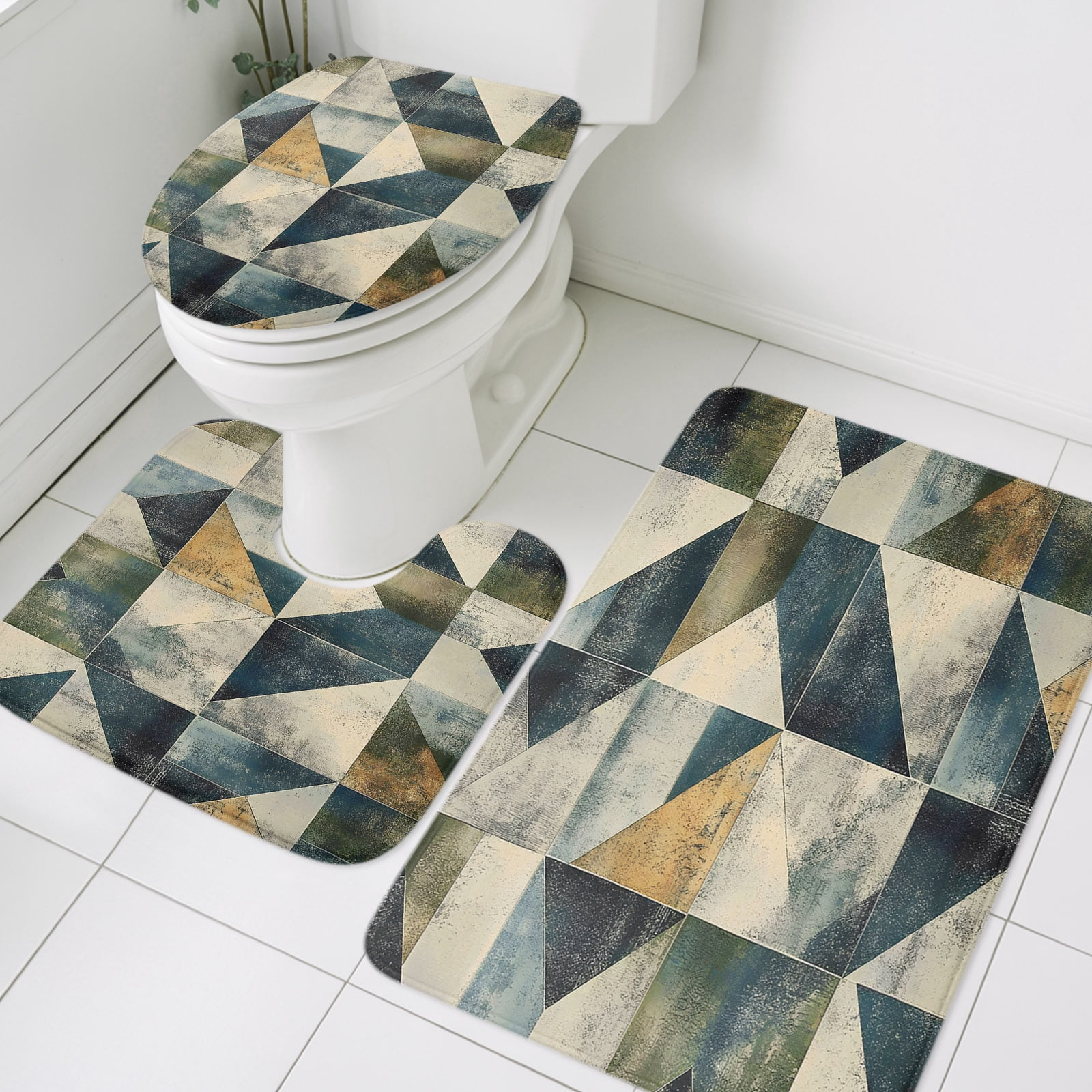Abstract Bathroom Rugs Set Blue Shaded Composition Color Block Non Slip ...