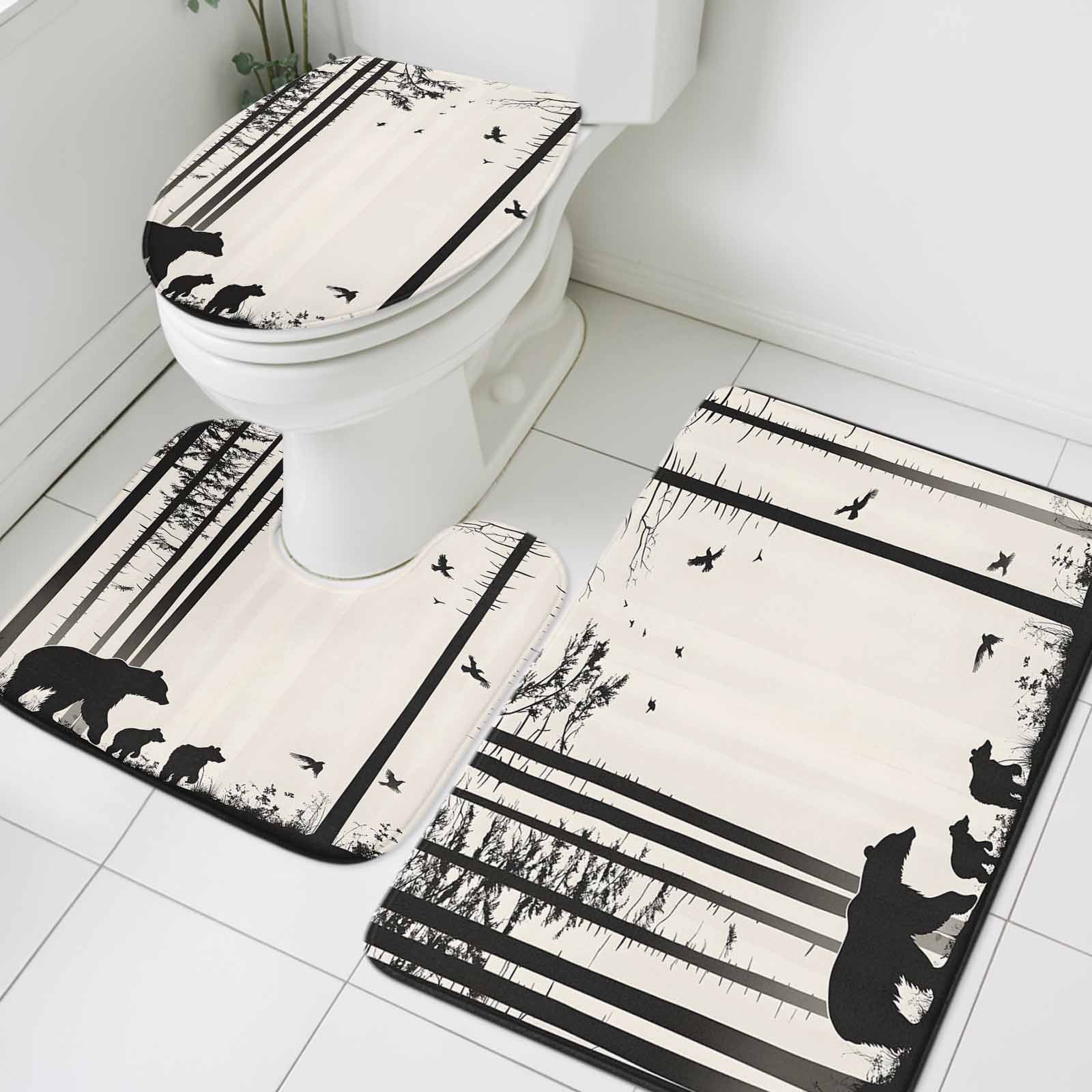 Abstract Bathroom Rugs Set Forest Walking Bear Bird Silhouette Natural ...