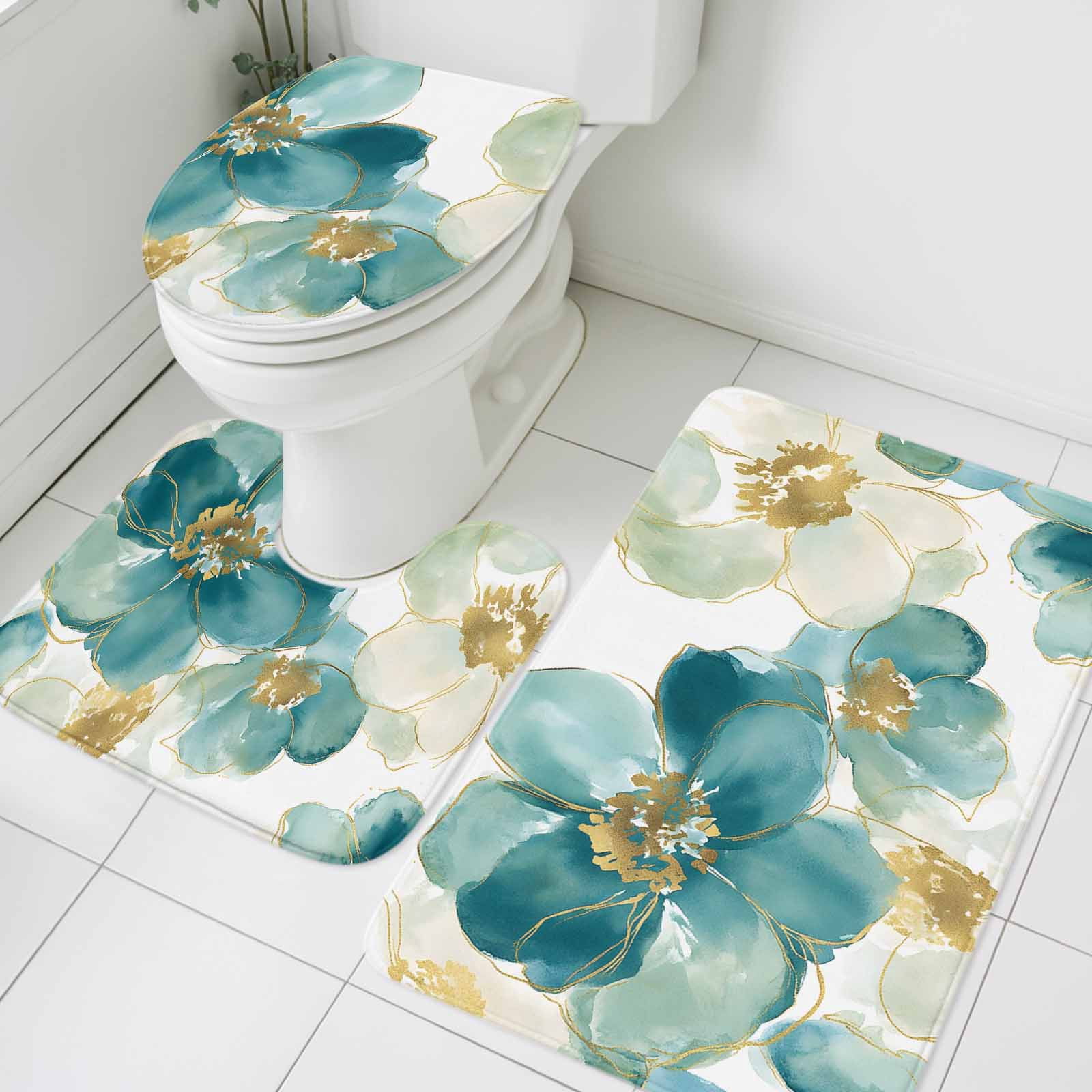 Abstract Bathroom Rugs Set Green Floral Pattern Petals Gold Lines Art ...
