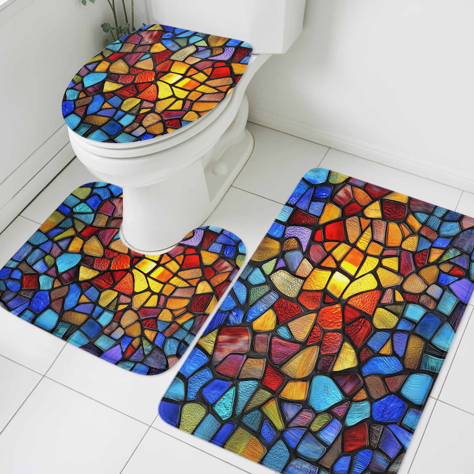 Abstract Bathroom Rugs Set Stained Glass Texture Non Slip Absorbent ...