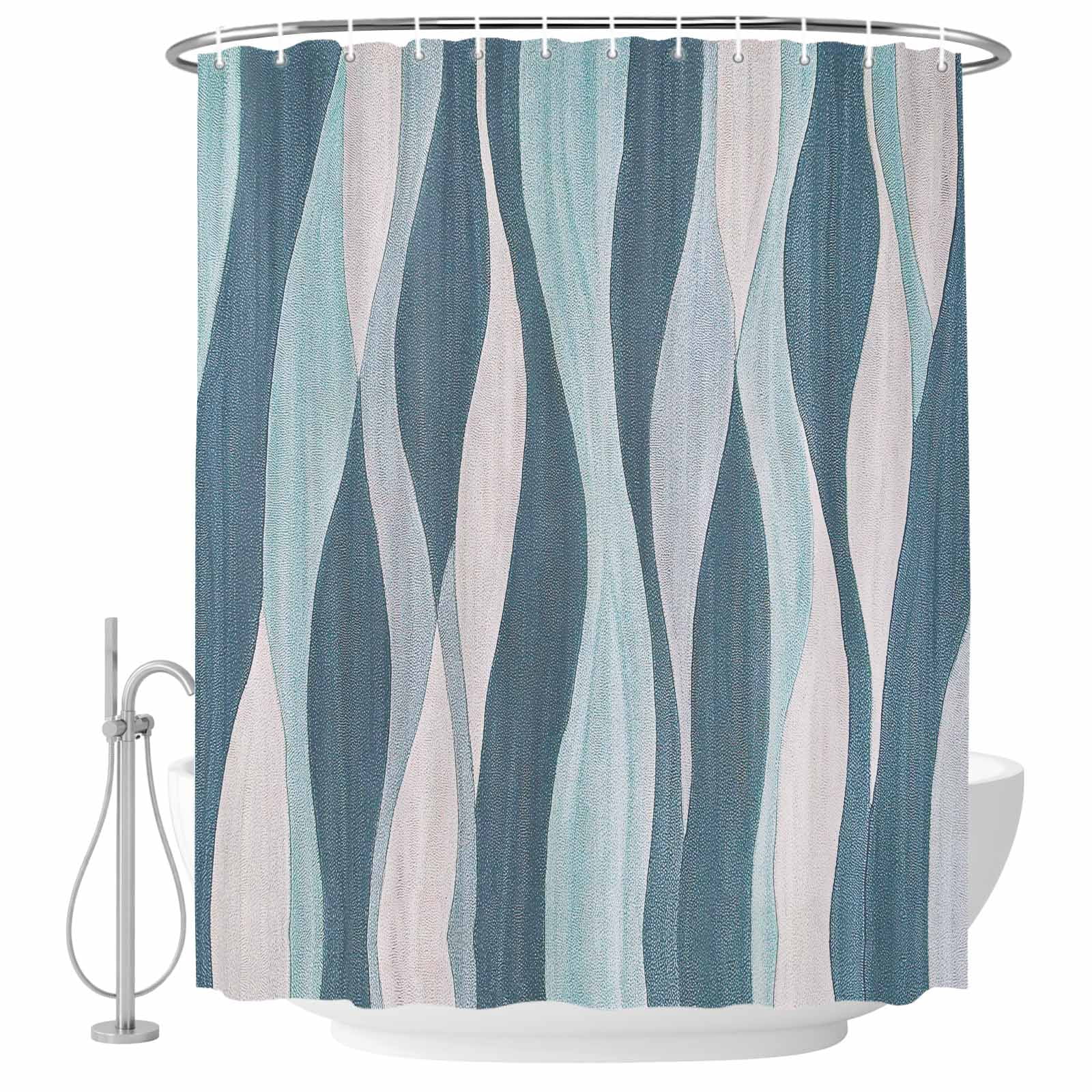 Abstract Bathroom Shower Curtains with Hooks, Blue White Line Gradient ...