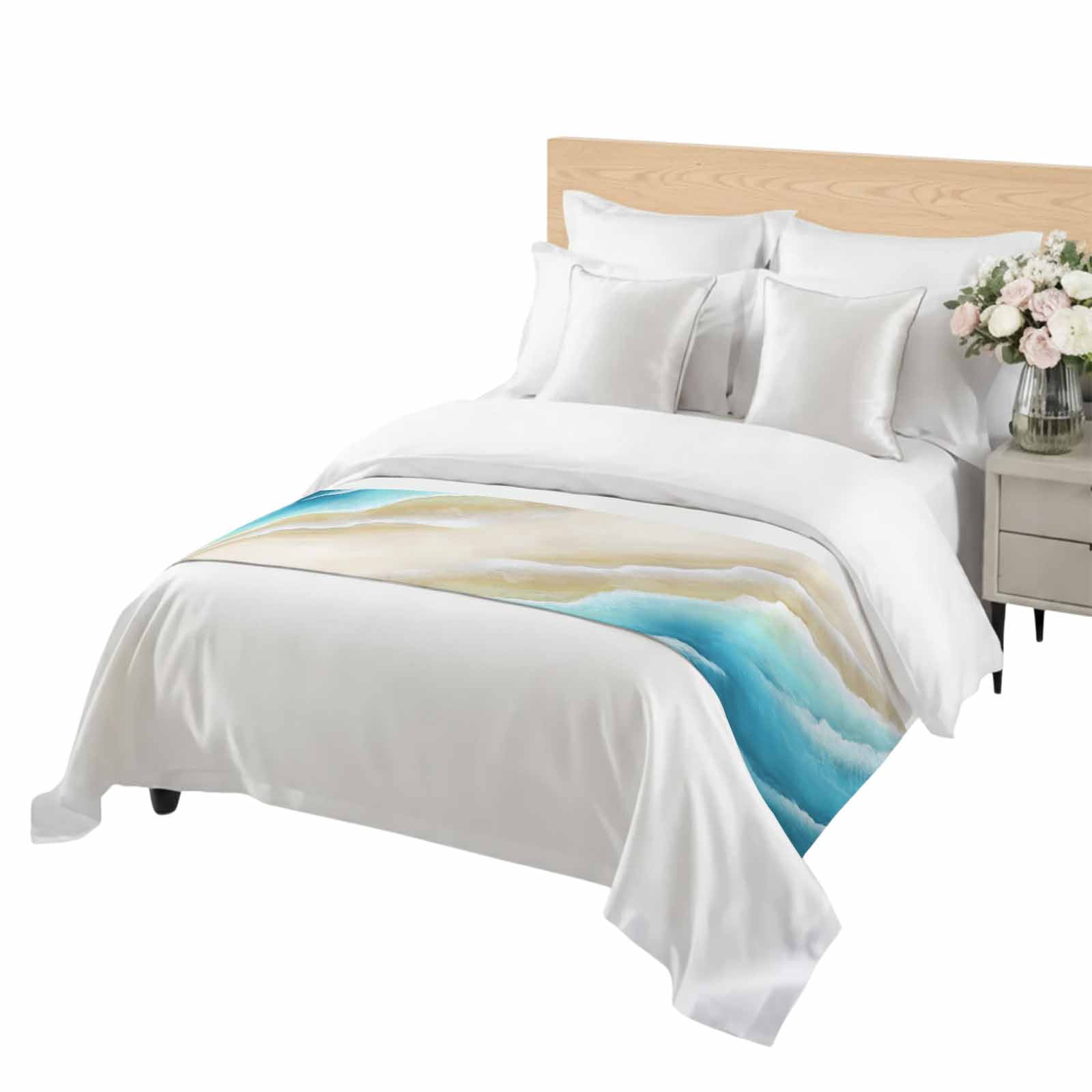 Abstract Beach Bed Runner Twin Size Light Blue Beige Ombre Ocean Wave ...