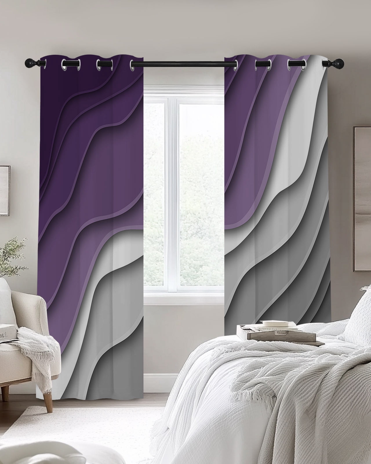 Abstract Beach Blackout Curtains 2 Panels, Aesthetic Grey to Purple ...
