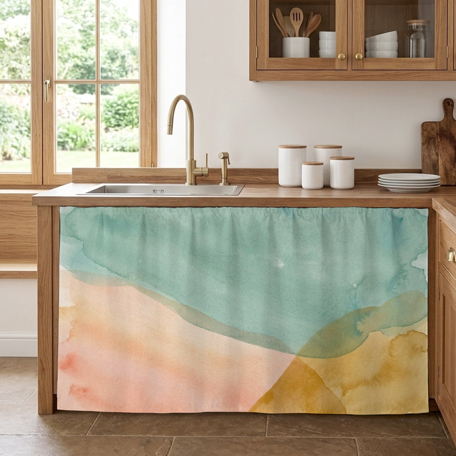 Abstract Beach Cabinet Curtains 28" W x 51" L Watercolor Teal Pink ...