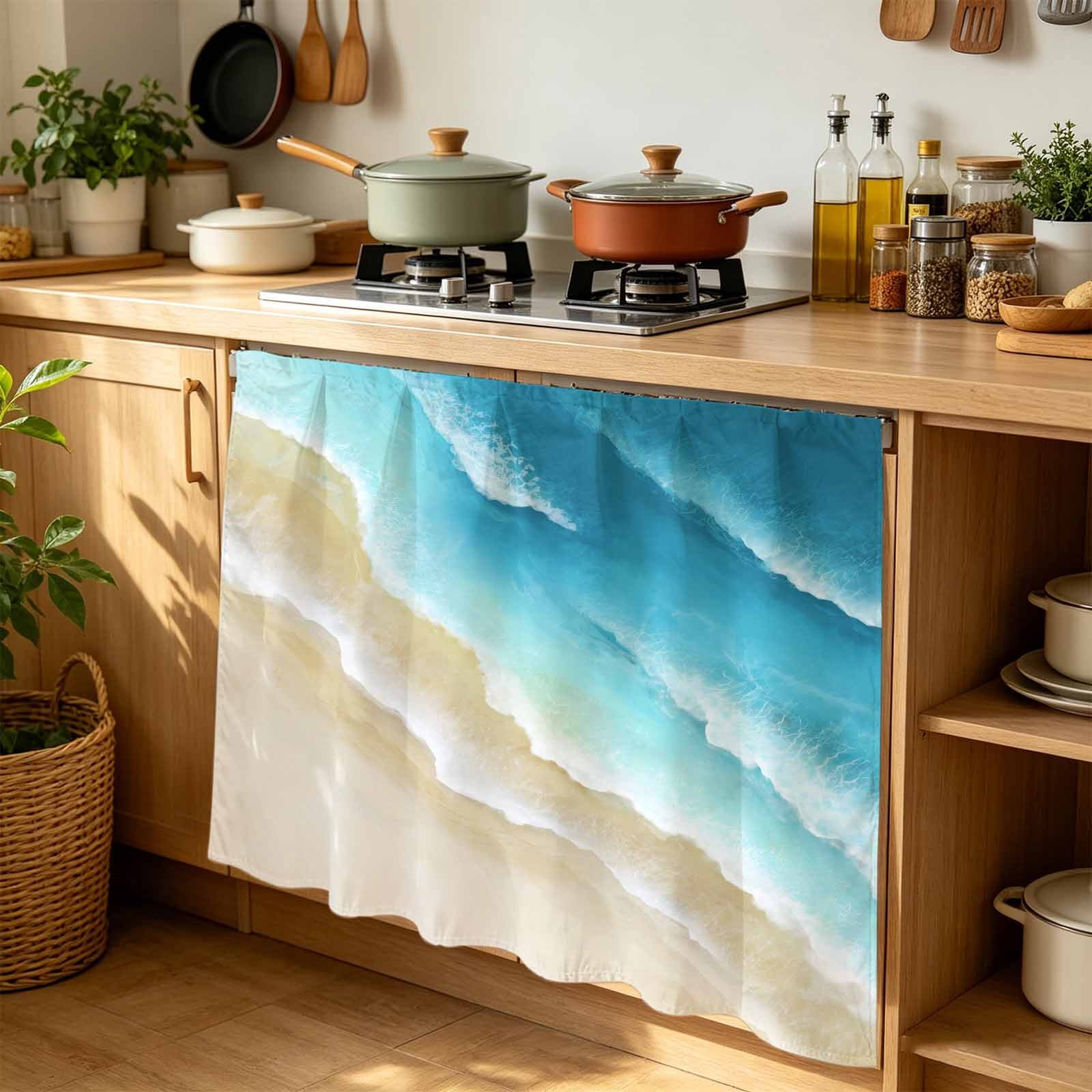 Abstract Beach Cabinet Curtains 35" W x 35" L Light Blue Beige Ombre ...