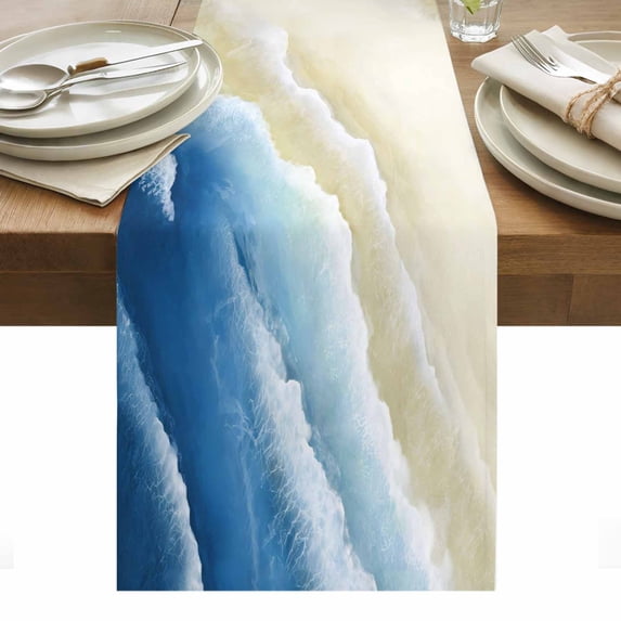 Abstract Beach Cotton Linen Table Runner Navy Blue Beige Ombre Ocean ...