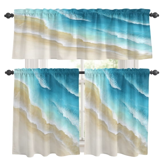 Abstract Beach Kitchen Curtains Set for Windows, Light Blue Beige Ombre ...