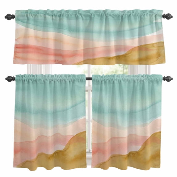 Abstract Beach Kitchen Curtains Set for Windows, Watercolor Teal Pink ...