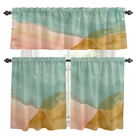 Abstract Beach Kitchen Curtains Set for Windows, Watercolor Teal Pink ...
