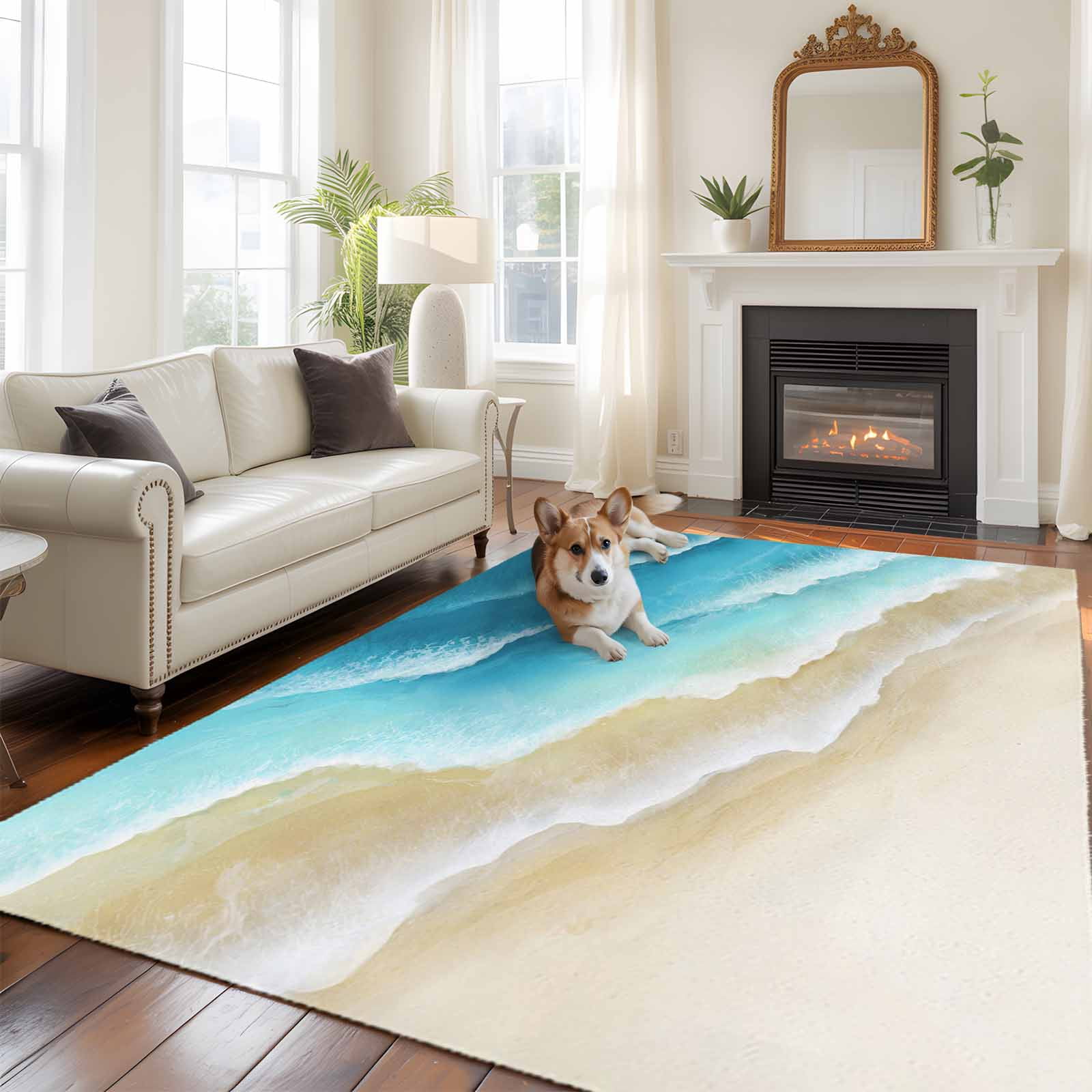 Abstract Beach Large Area Rugs 6x9 ft Light Blue Beige Ombre Ocean Wave ...
