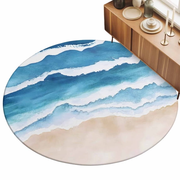Abstract Beach Ocean Area Rugs 4' (Round) Blue Gradient Waves Floor Rug ...