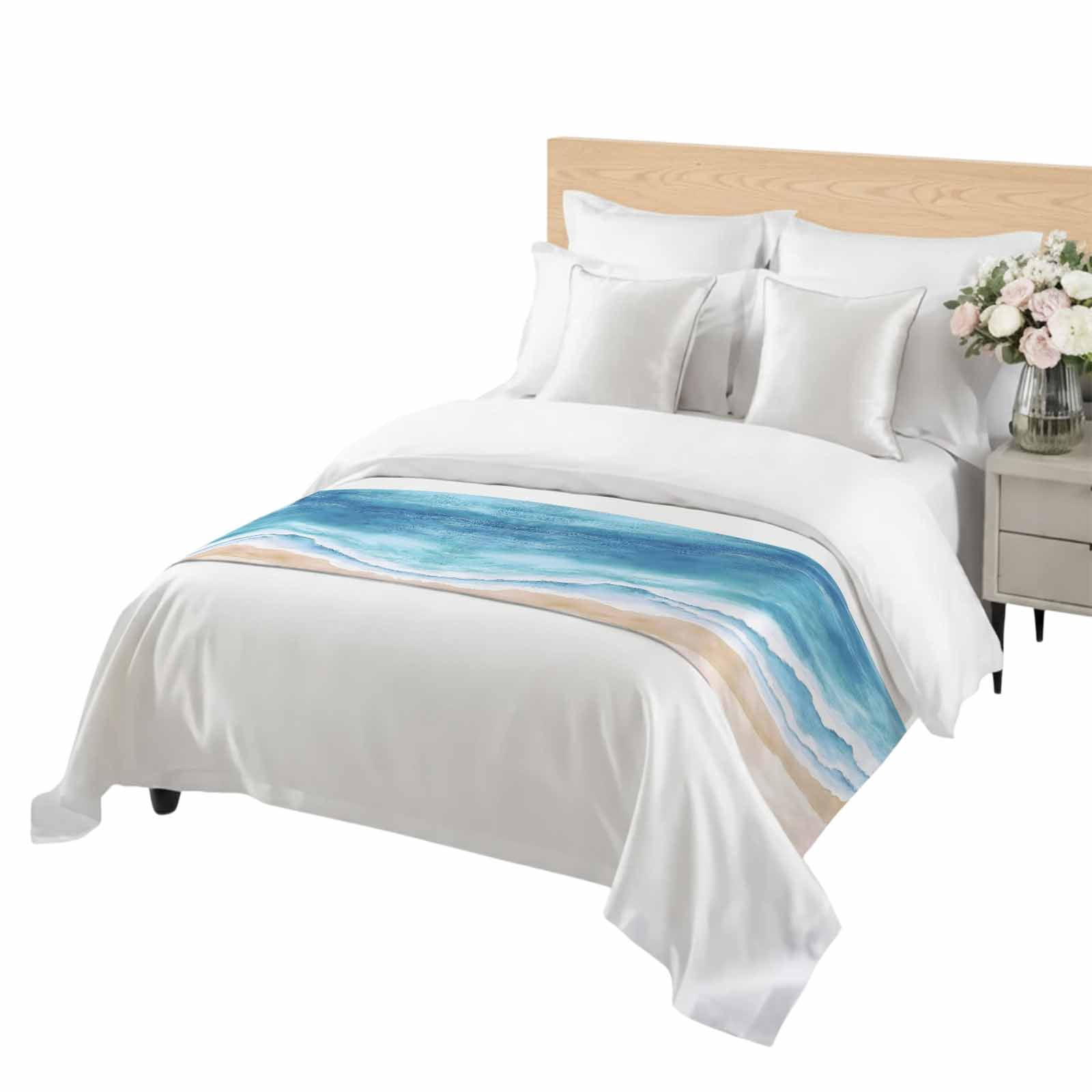 Abstract Beach Ocean Bed Runner Twin Size Blue Waves Watercolor Soft ...