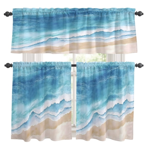 Abstract Beach Ocean Kitchen Curtains Set for Windows, Blue Waves ...