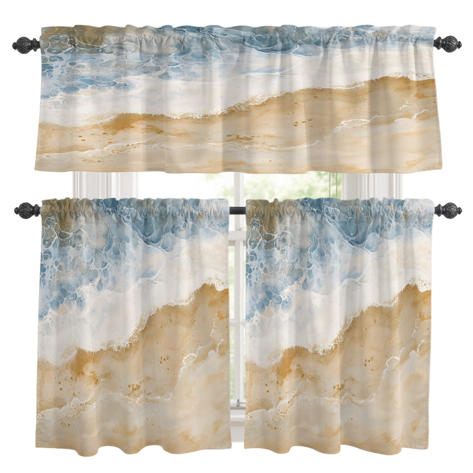 Abstract Beach Ocean Kitchen Curtains Set for Windows, Summer Coastal ...