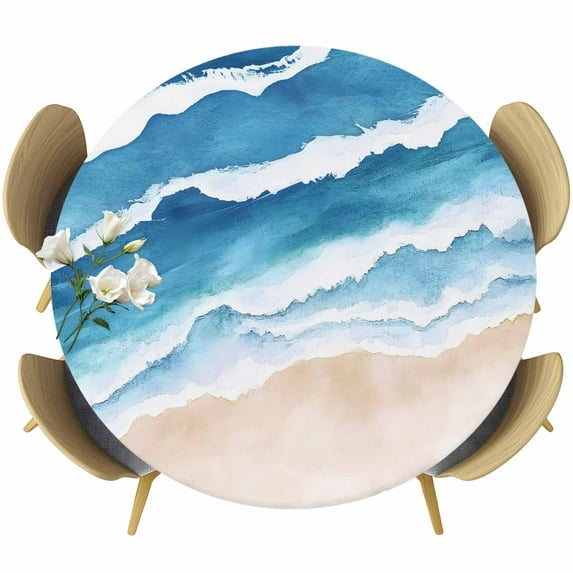 Abstract Beach Ocean Round Fitted Tablecloth with Elastic Edge, Blue ...