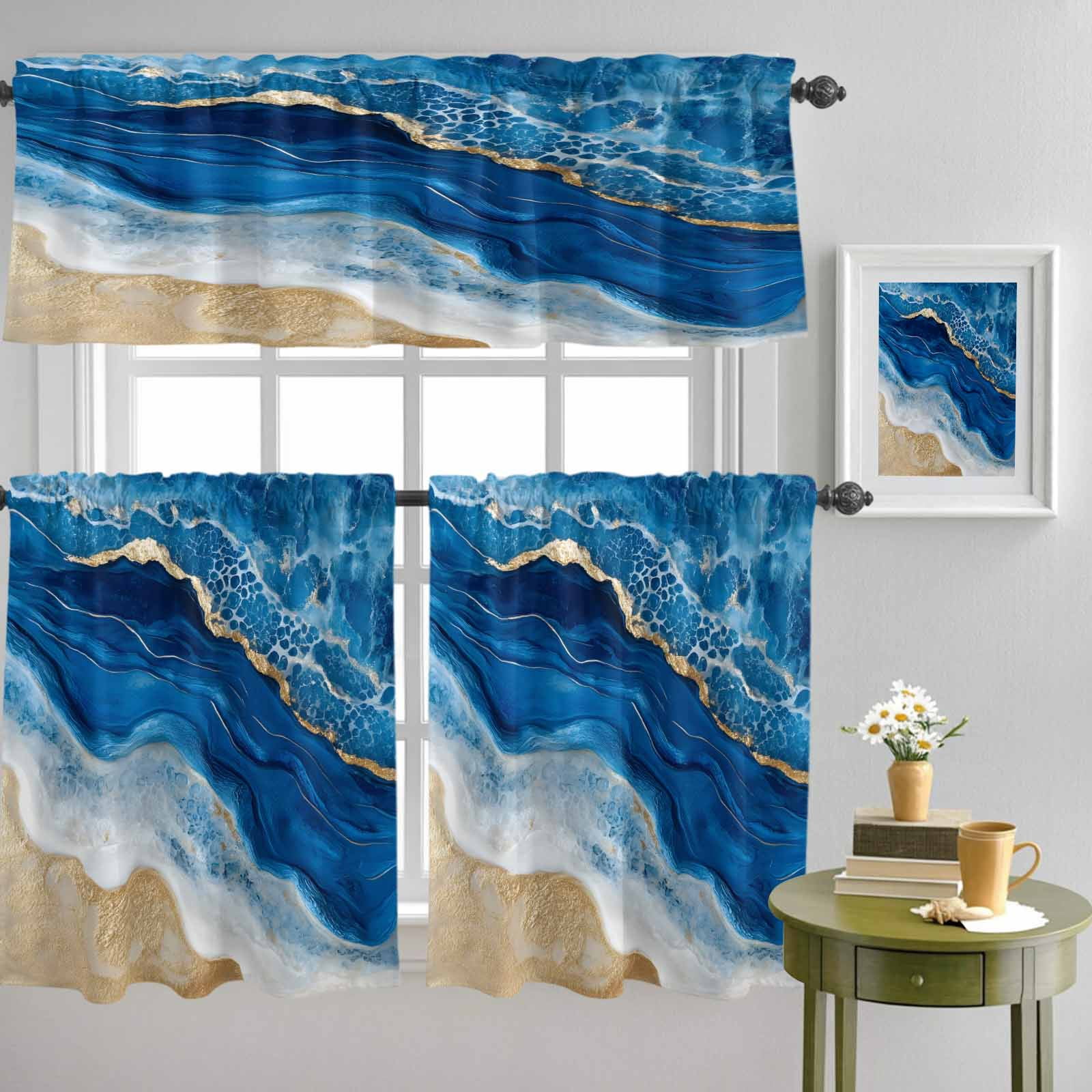Abstract Beach Ocean Wave Curtain Tier and Valance Set 3 Piece, Sea ...