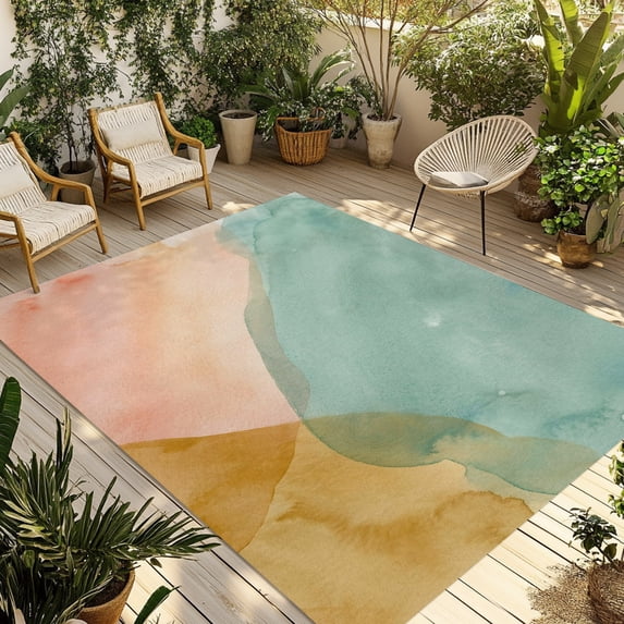 Abstract Beach Outdoor Rug 5x7 ft Watercolor Teal Pink Brown Gradient ...