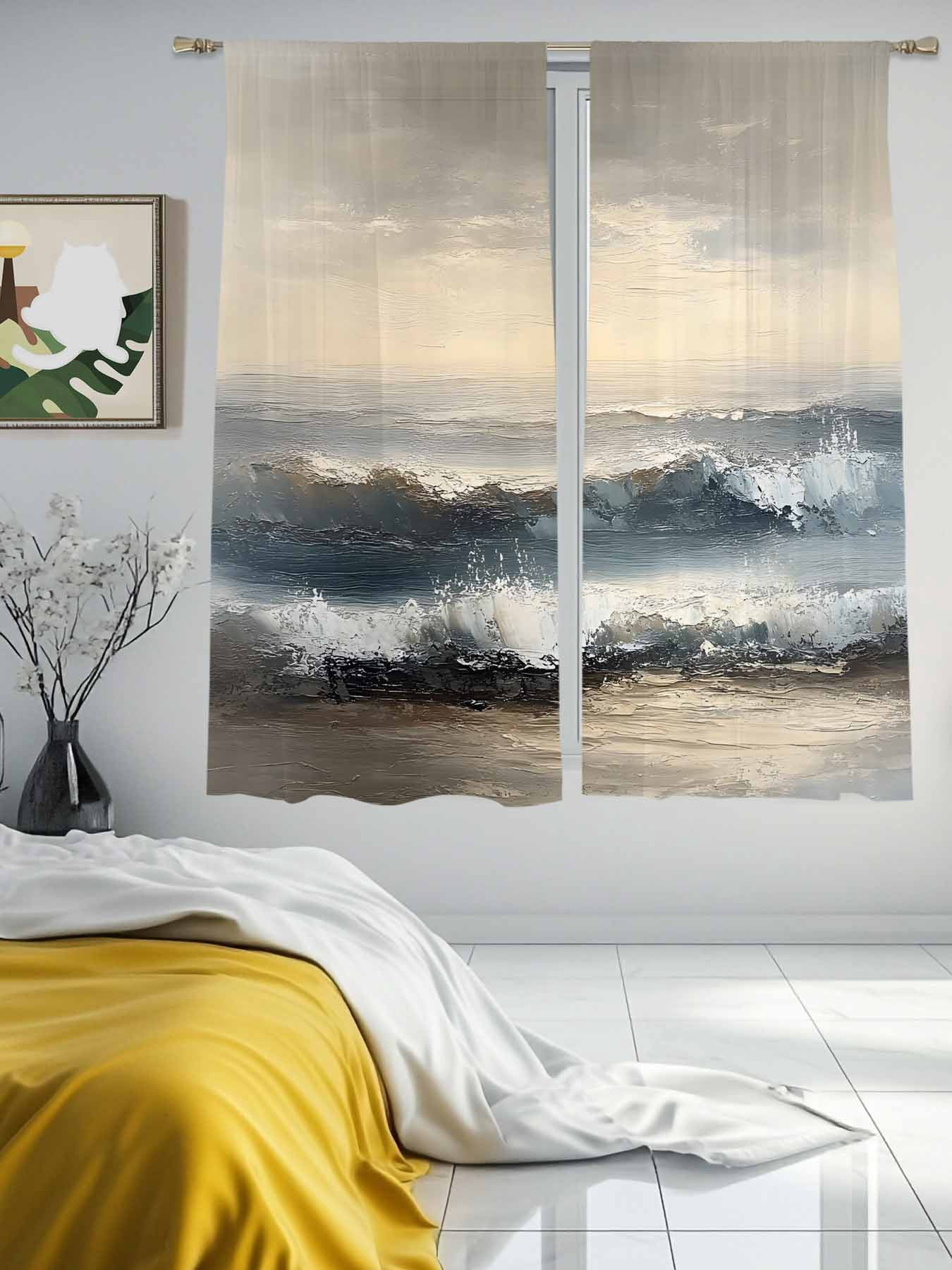 Abstract Beach Painting Art Chiffon Sheer Curtains 63 Inches Long Sky ...