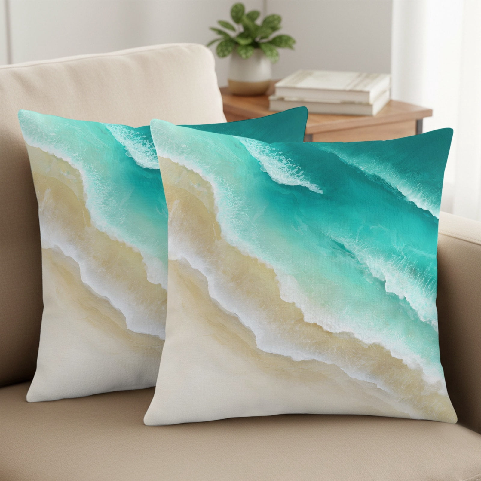 Abstract Beach Pillow Covers Set of 2, Teal Green Beige Ombre Ocean ...