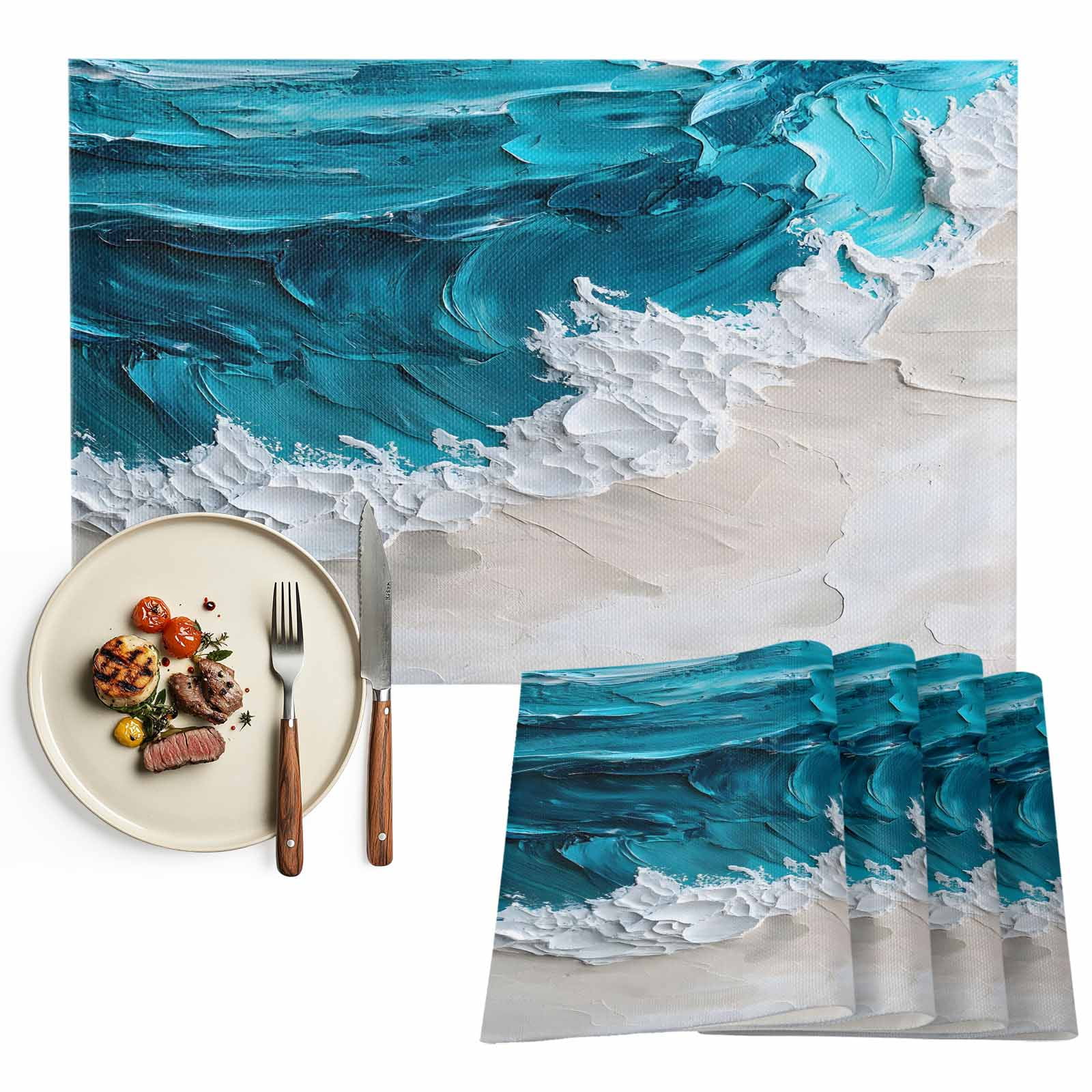 Abstract Beach Placemats Set of 2, Blue Textures Sandy Brown Table Mats ...