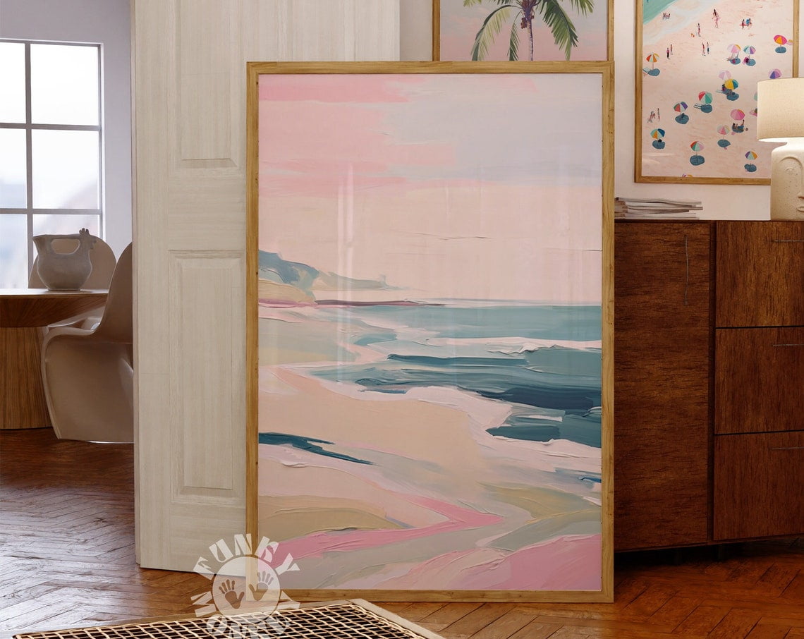 Abstract Beach Print, Pink Coastal Art, Girly Apartment Decor, Pastel ...