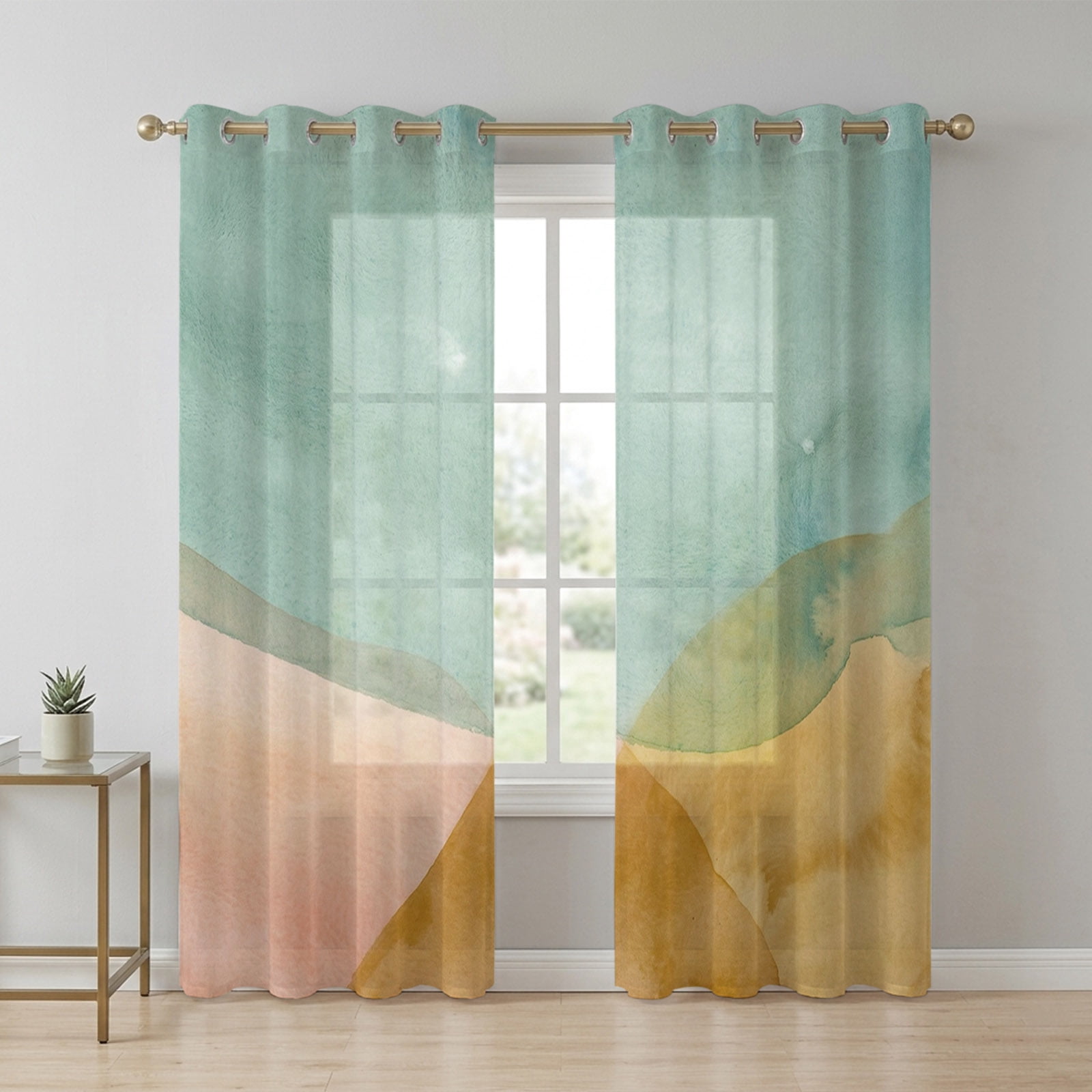 Abstract Beach Sheer Curtains 72 Inch Long 2 Panels, Watercolor Teal ...