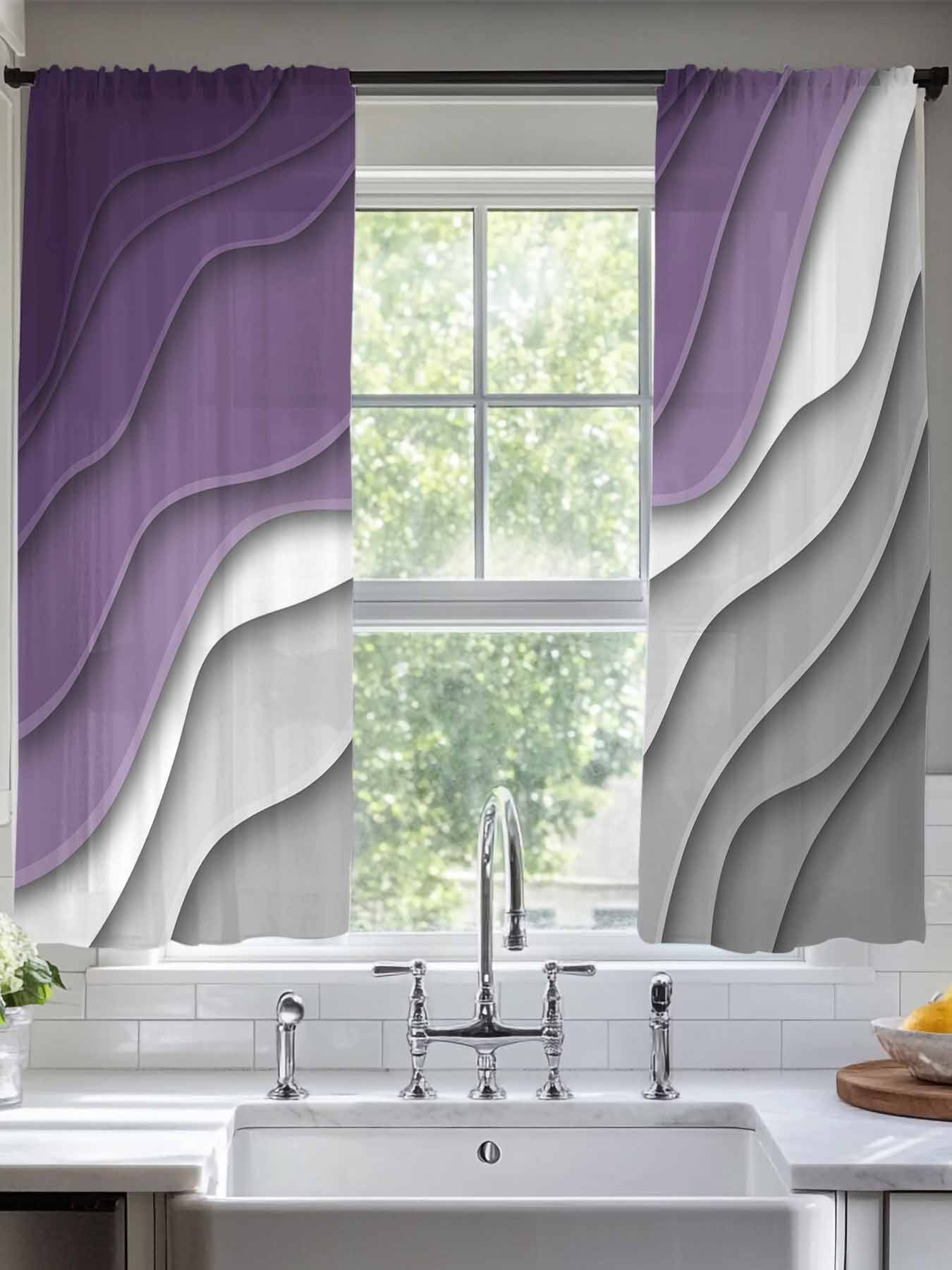 Abstract Beach Sheer Curtains 72 inches Long, Aesthetic Grey to Purple ...