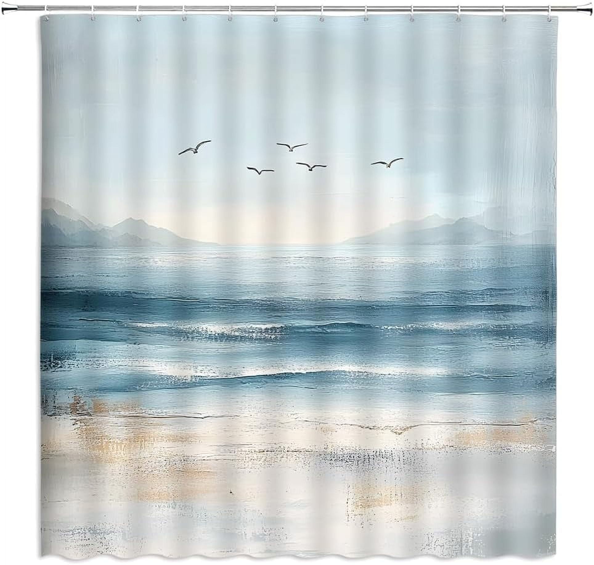 Abstract Beach Shower Curtain Oil Painting Ocean Sea Wave Seagull ...