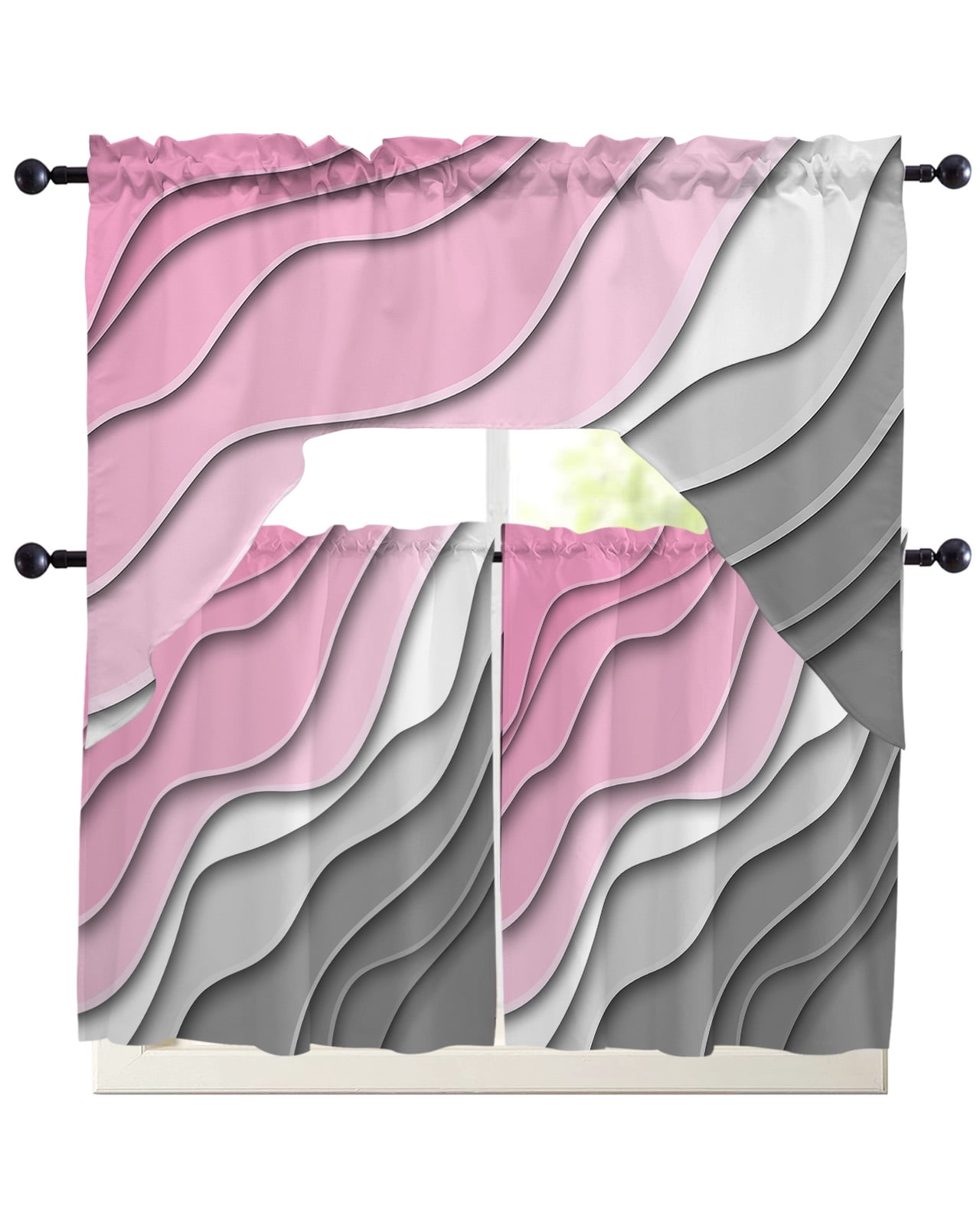 Abstract Beach Swag Valance and Tier Curtains Set Aesthetic Grey to ...