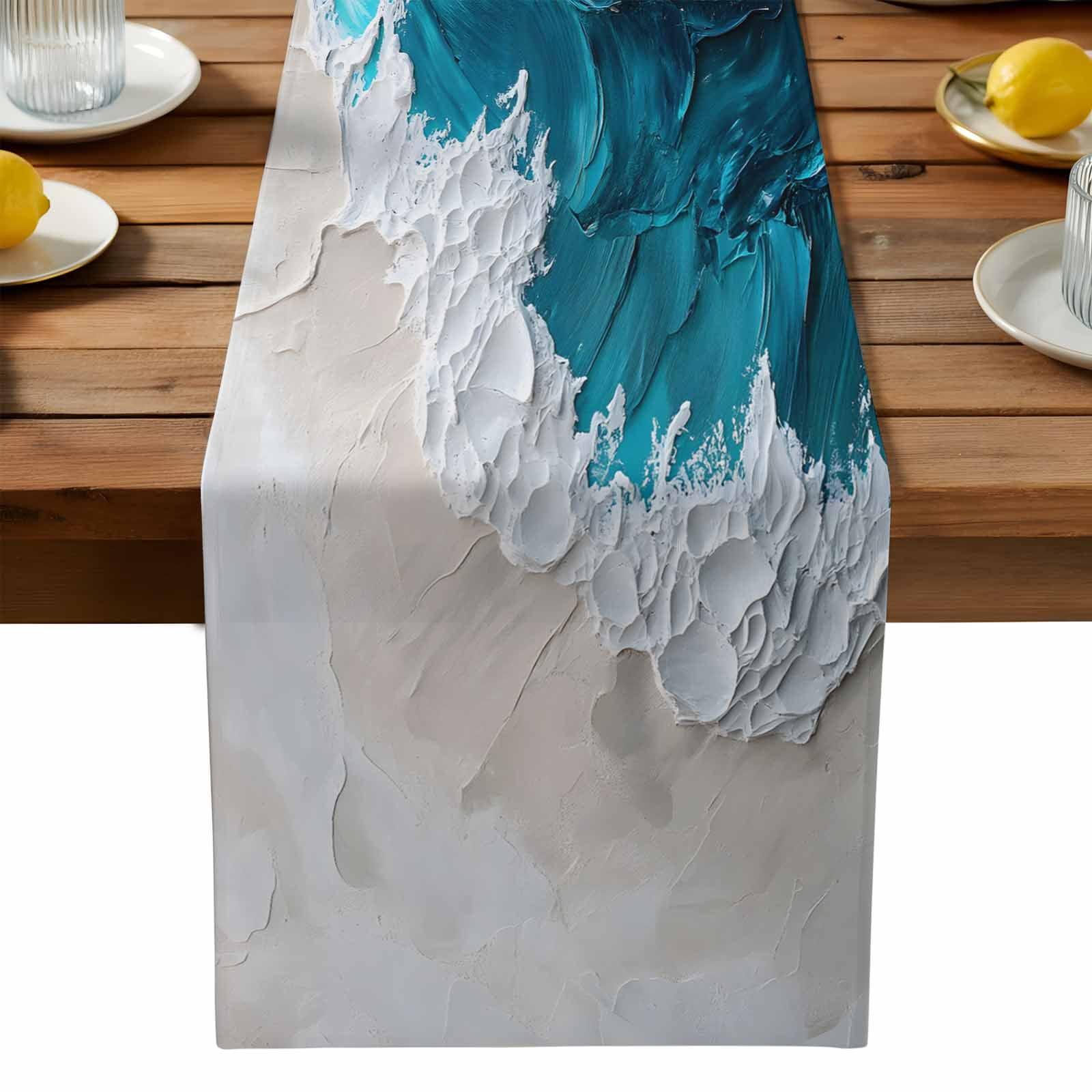 Abstract Beach Table Runner, Blue Textures Sandy Brown Cotton Linen ...