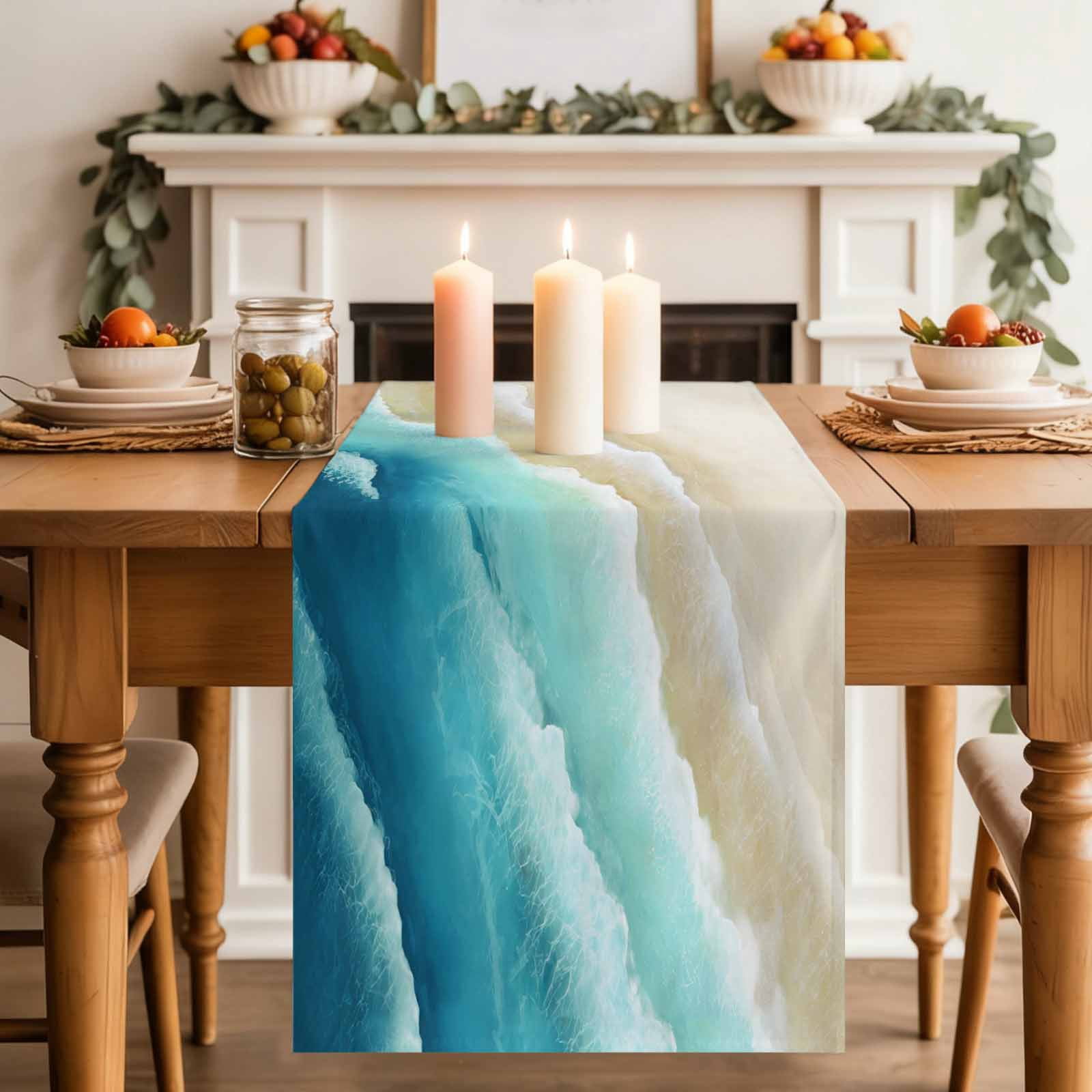 Abstract Beach Table Runner, Teal Blue Beige Ombre Ocean Wave Coastal ...