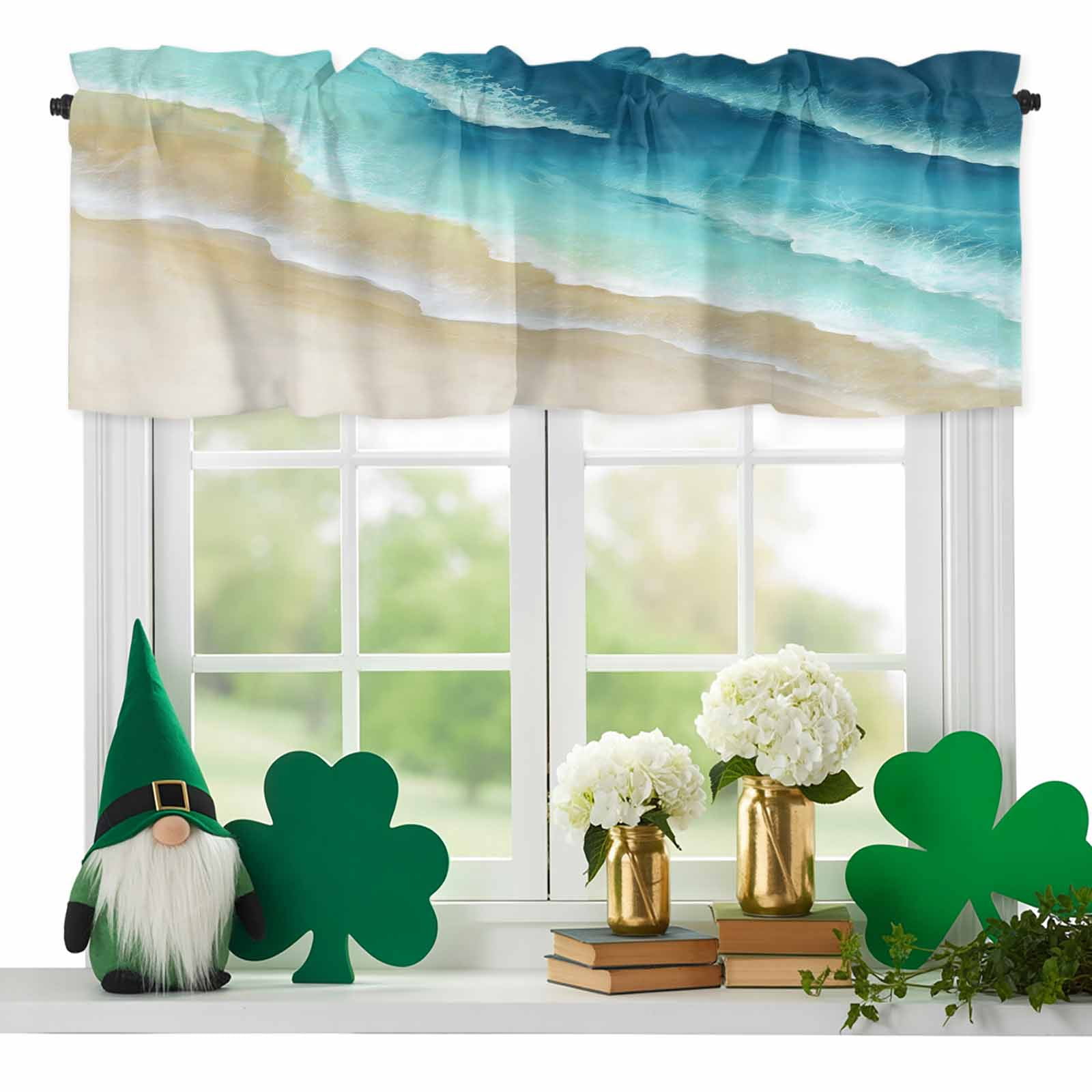 Abstract Beach Valances for Windows, Teal Blue Beige Ombre Ocean Wave ...