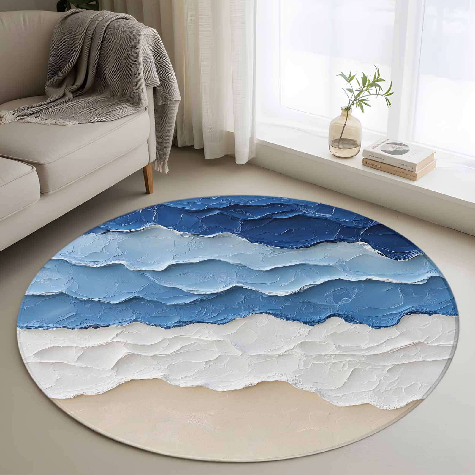 Abstract Beach Wave 3FT Round Area Rugs for Living Room Watercolor Blue ...