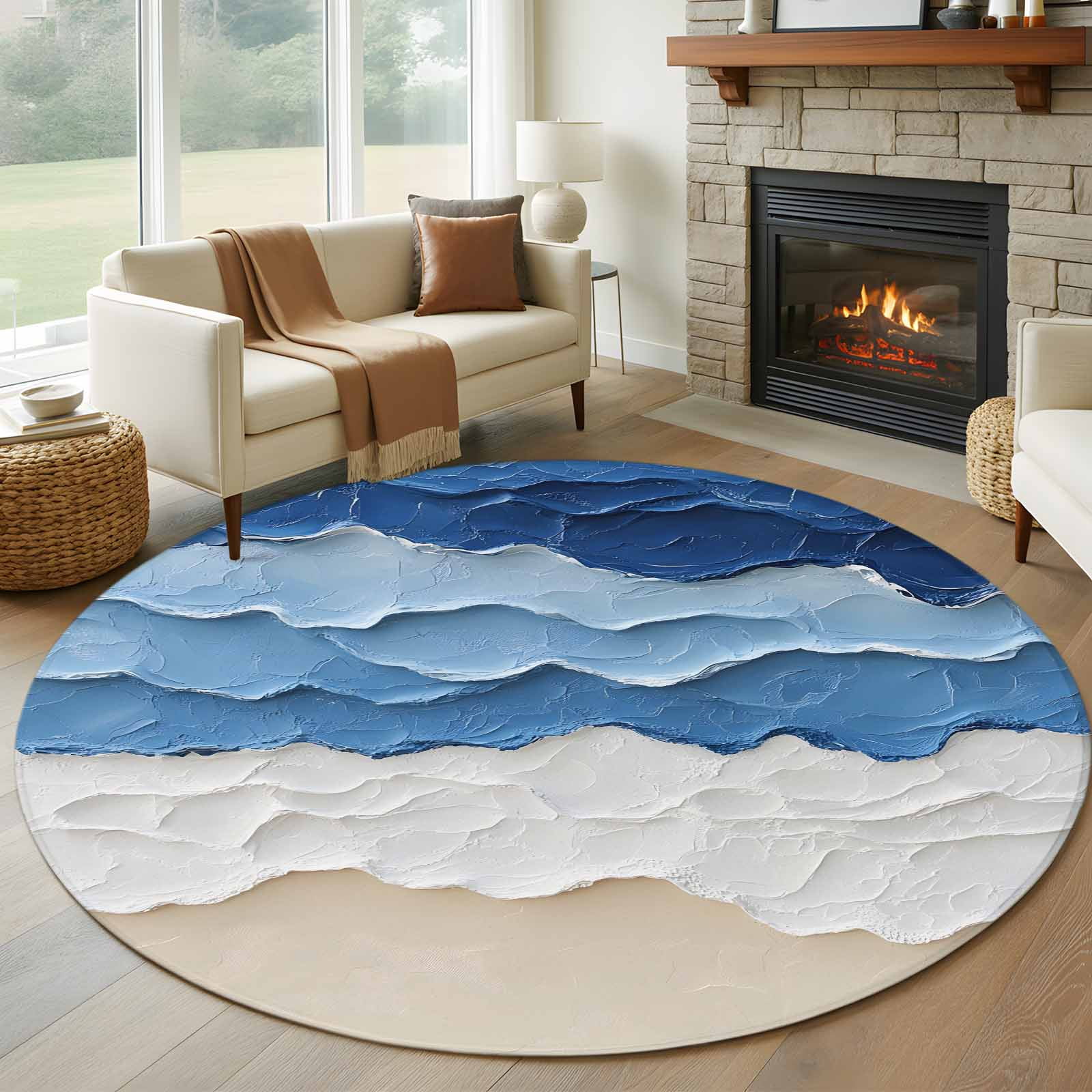 Abstract Beach Wave 6FT Round Area Rugs for Living Room Watercolor Blue ...