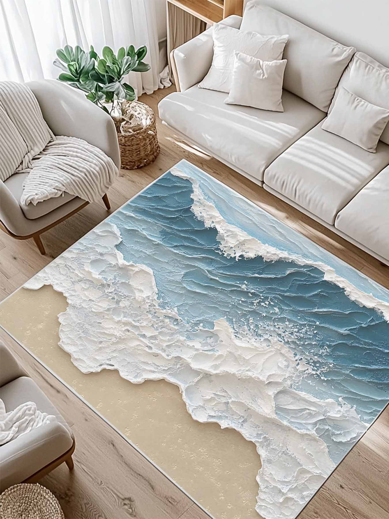 Abstract Beach Wave Area Rug for Bedroom 4x6 Ft Blue Watercolor Modern ...