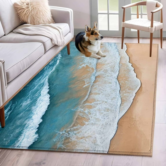 Abstract Beach Wave Area Rugs 4x6 ft Watercolor Blue Ocean Sand ...