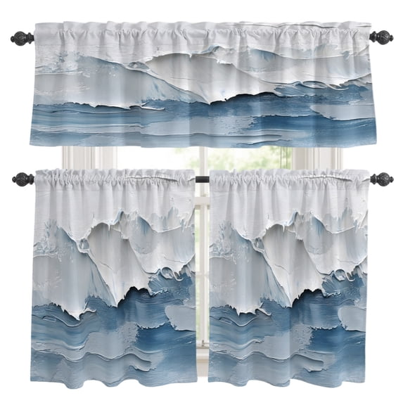 Abstract Beach Wave Art Kitchen Curtains Set for Windows, Blue Seaside ...